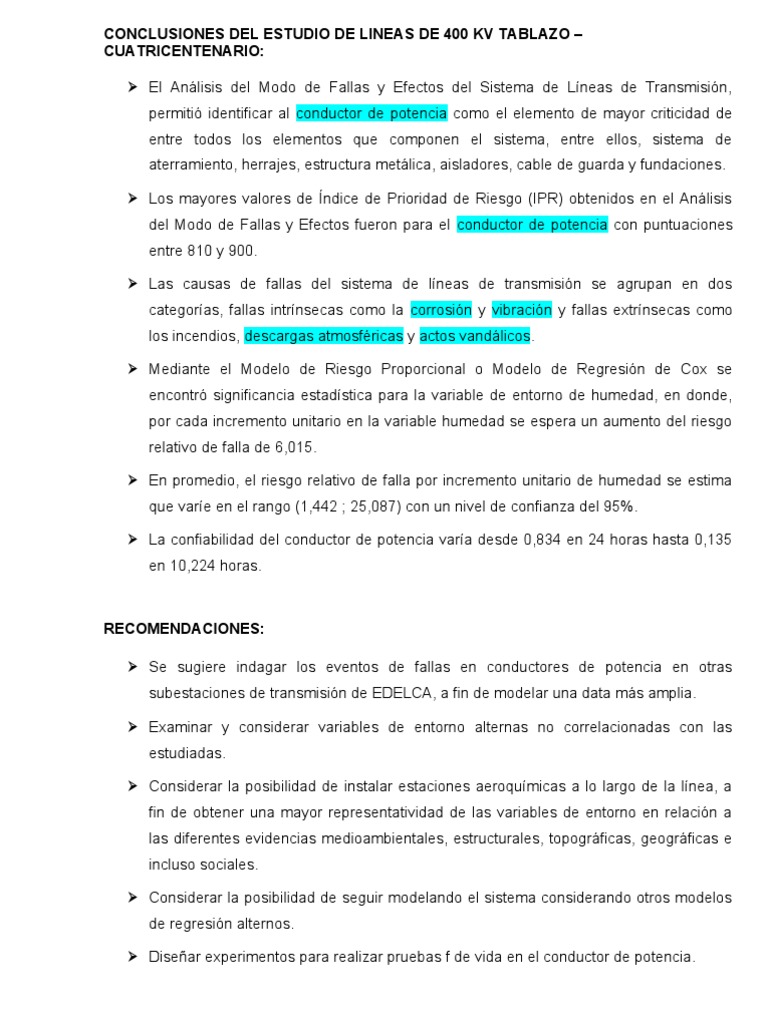Conclusiones Del Estudio de Lineas de 400 KV Tablazo | PDF ...