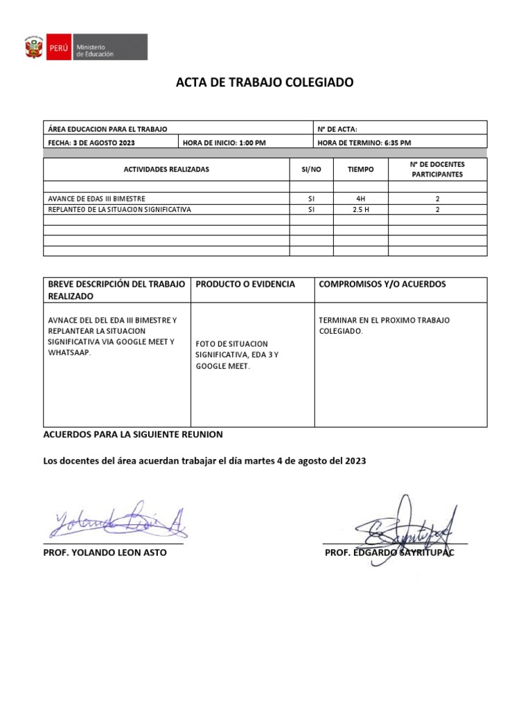 Acta Colegiado Modelo 3 de Agosto | PDF