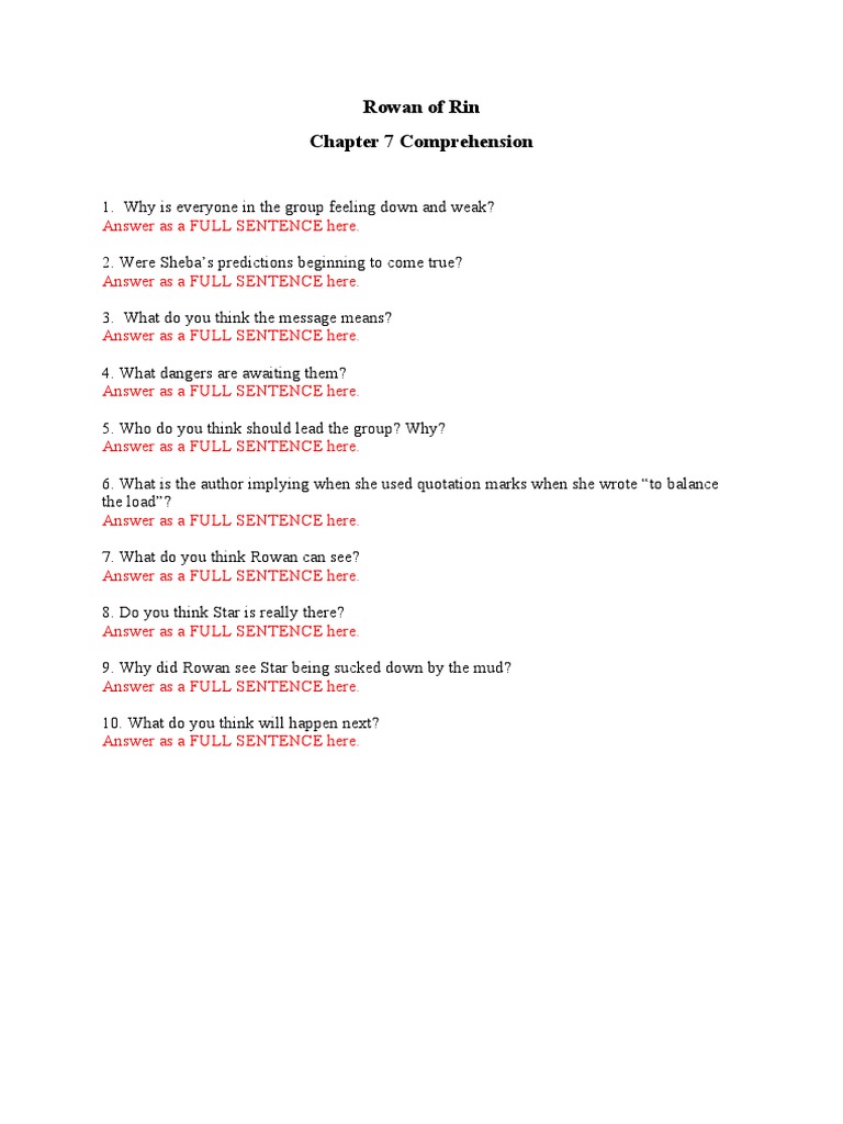 Rowan of Rin Chapter 7 Comprehension | PDF