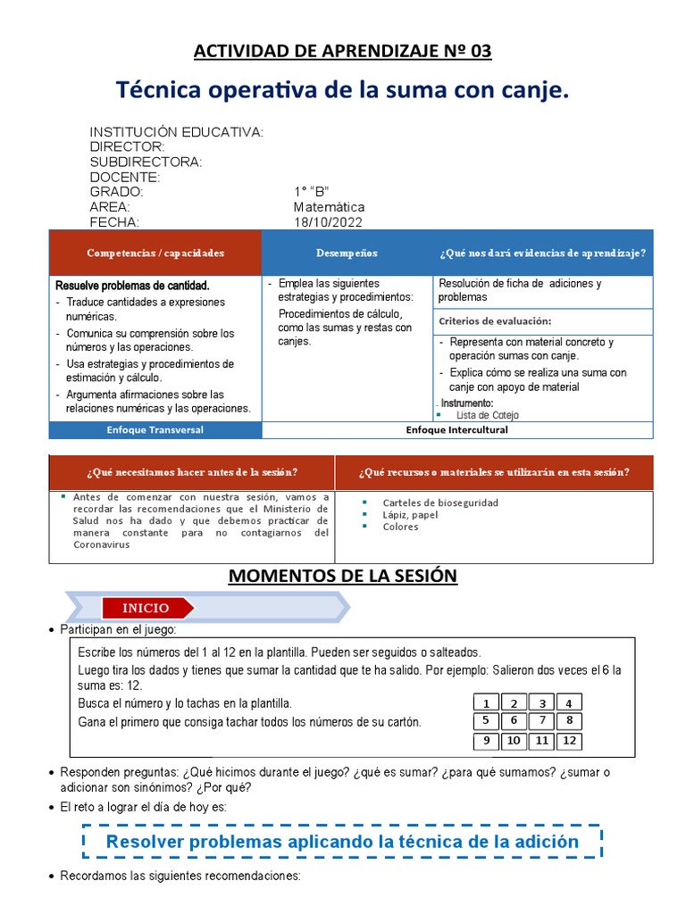 Suma con Canje: Actividad para 1° Grado | PDF