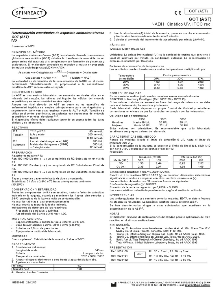 Inserto Spinreact GOT AST 1001160 1001161 1001162 | PDF