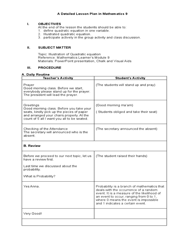 A Detailed Lesson Plan in Mathematics 9 | PDF | Mathematics