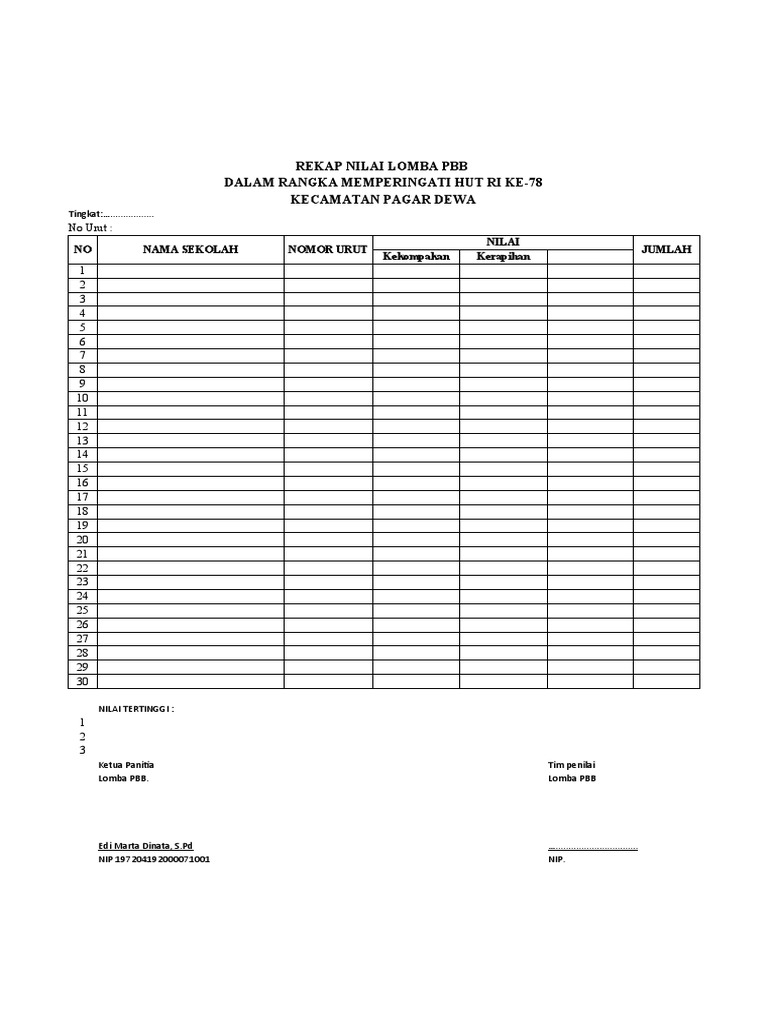 Rekap Nilai Lomba PBB HUT RI | PDF | Olahraga & Rekreasi