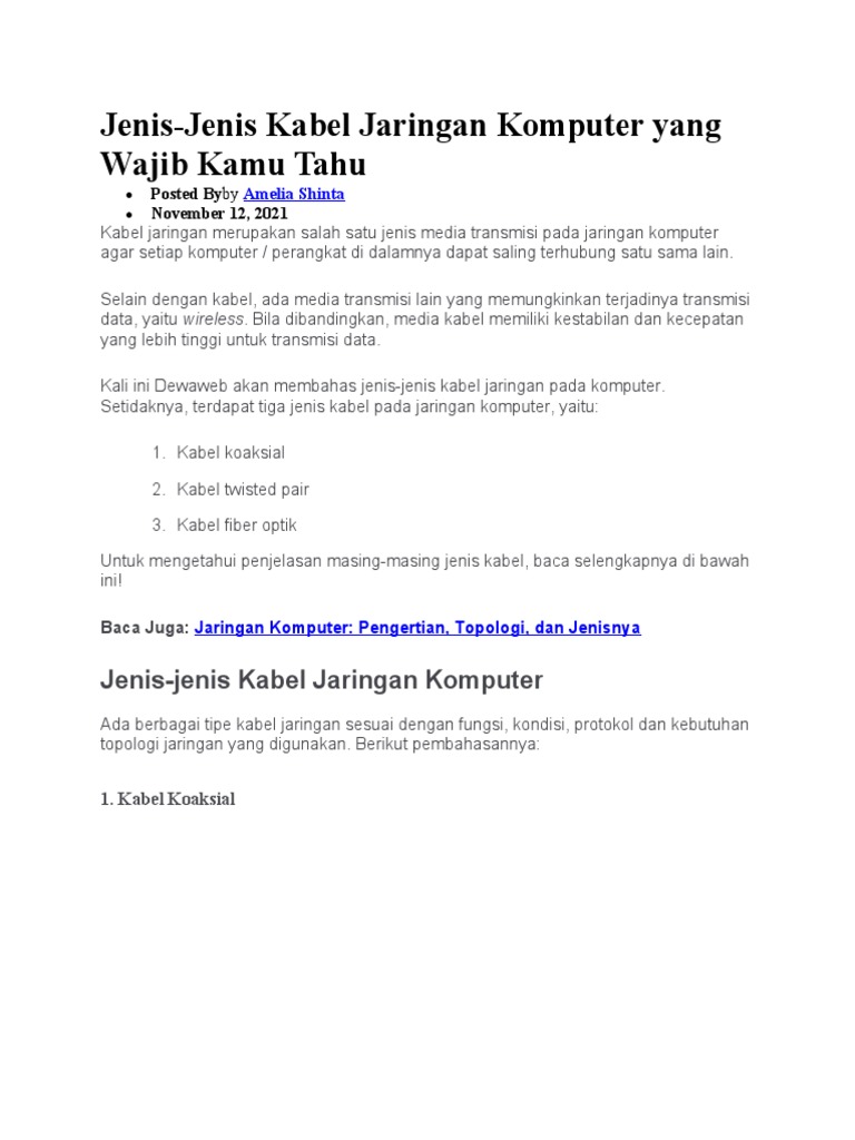 Jenis Kabel Jaringan Komputer Penting | PDF | Sains & Matematika | Komputer