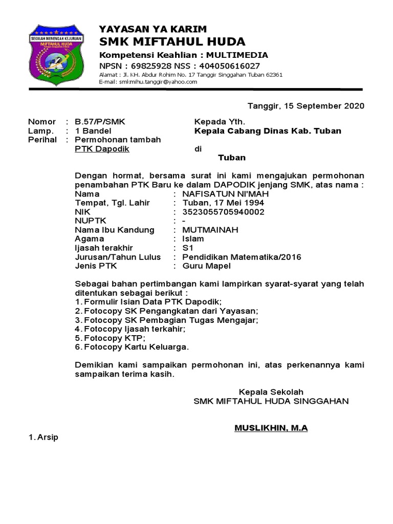 Surat Permohonan Tambah PTK Ke DAPODIK Dan Surat Tugas | PDF