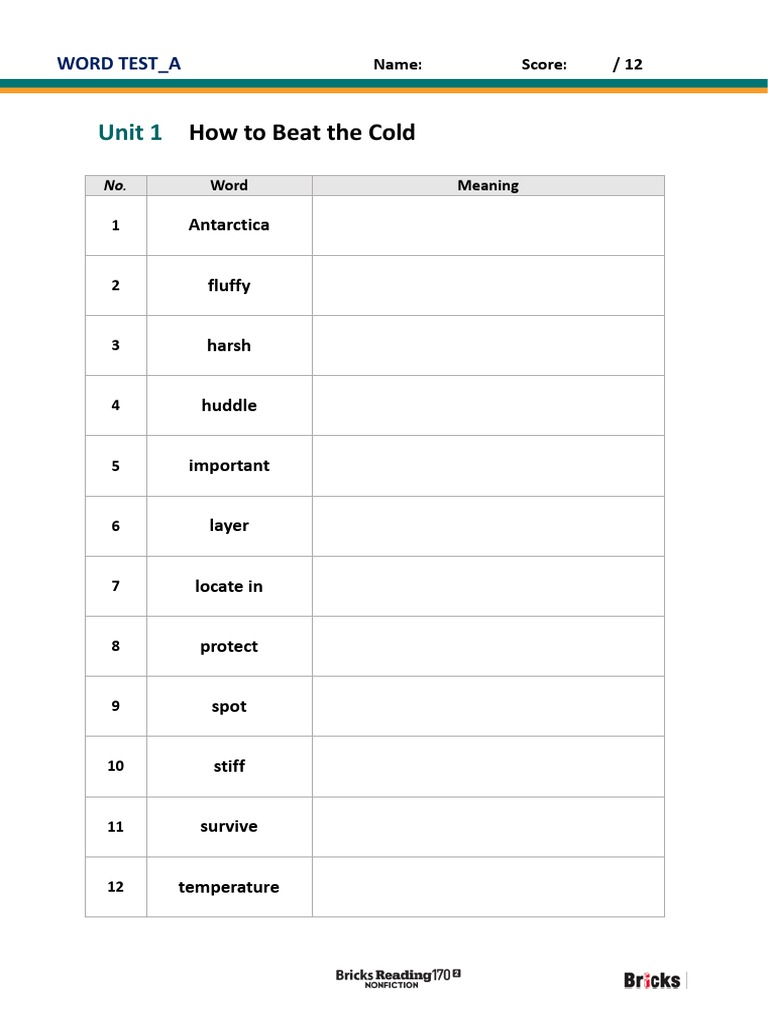 Bricks Reading 170 Nonfiction - L2 - Word Test A | PDF