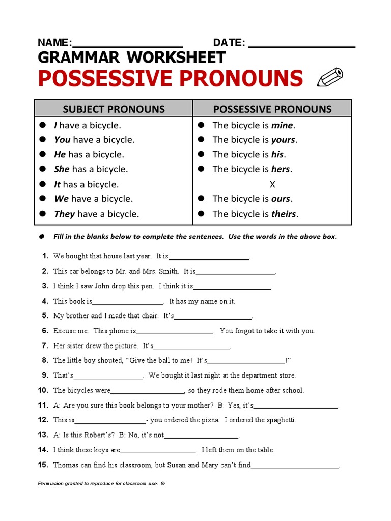 Possessive Pronouns Worksheet | PDF