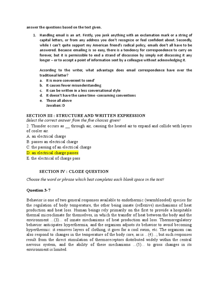 Section Iii: Structure and Written Expression: Select The Correct ...