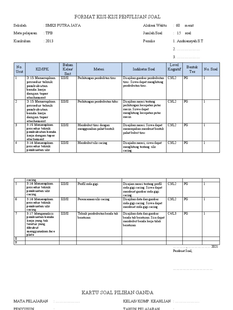 Kisi-Kisi Dan Kartu Soal | PDF | Seni