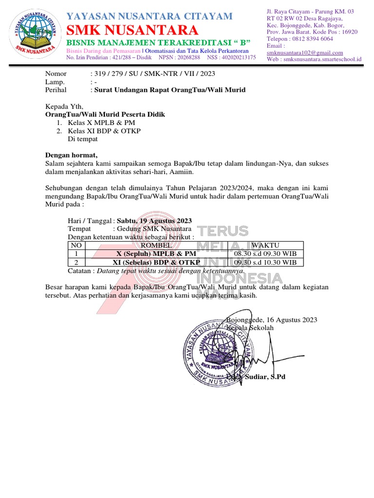 Surat Undangan Rapat Orang Tua SMK Nusantara 2023 | PDF