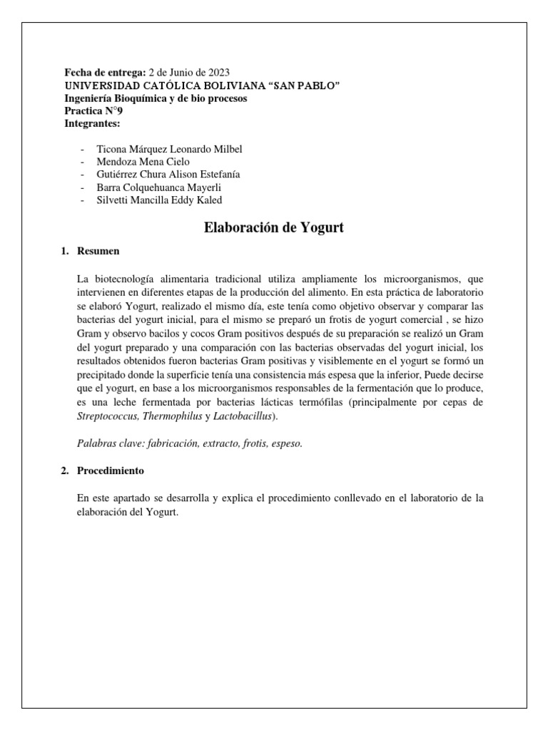 Practica 9 - Elaboracion de Yogurt | PDF