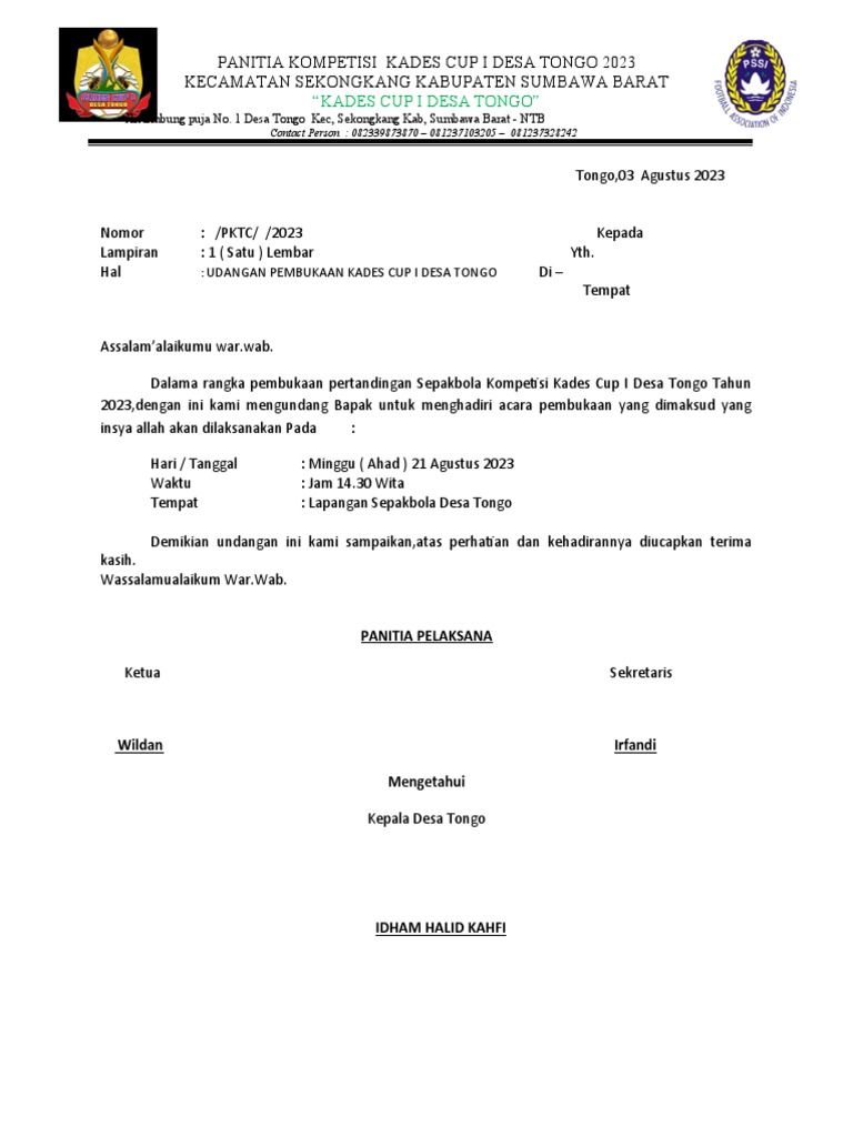 Undangan pembukaan kades cup I desa Tongo | PDF