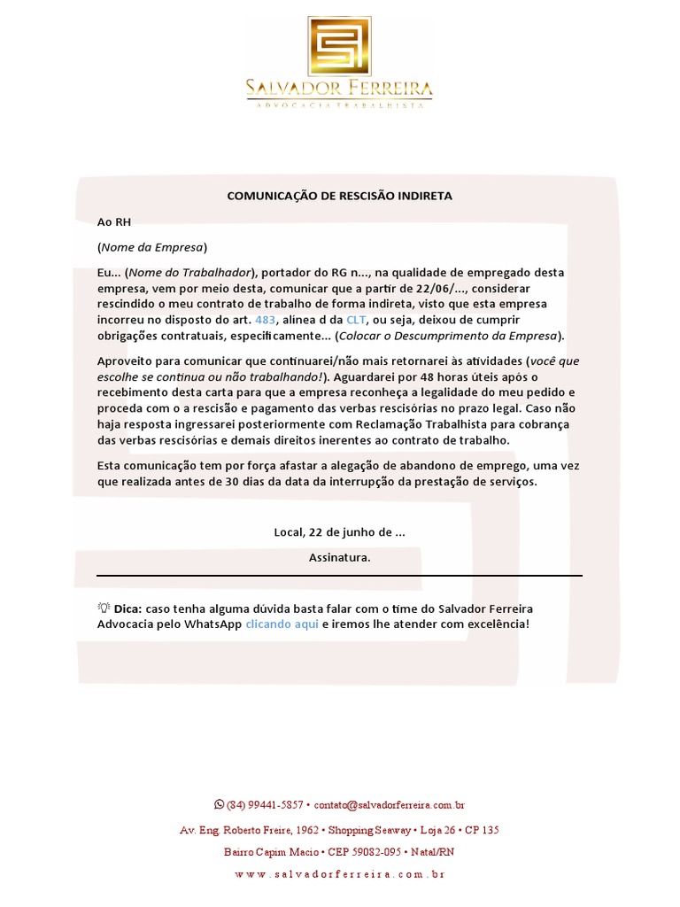 Modelo de Carta de Rescisão Indireta | PDF