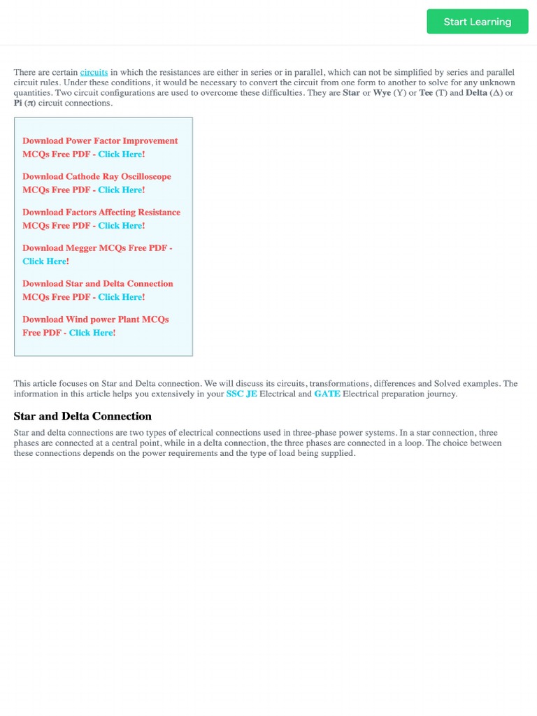 Star and Delta Connection Circuits, Transformation, Differences. | PDF