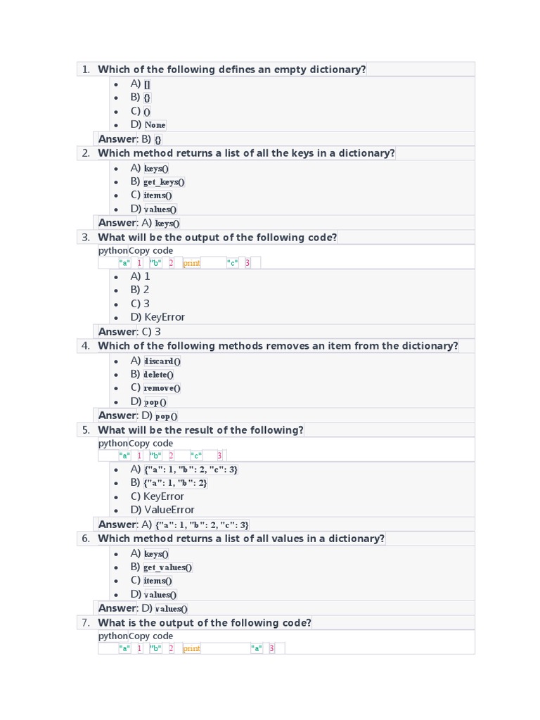 Python Dictionary Operations Quiz | PDF | Teaching Methods & Materials | Computers