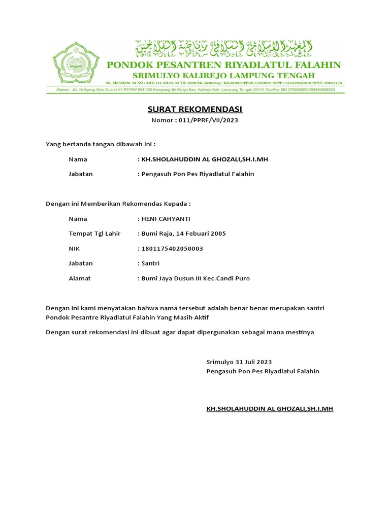 SURAT REKOMENDASI Pondok | PDF