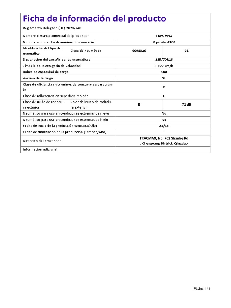Ficha Tecnica 215.70r16 At08 | PDF