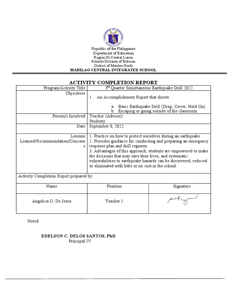 Earthquake Drill Accomplishment Report | PDF