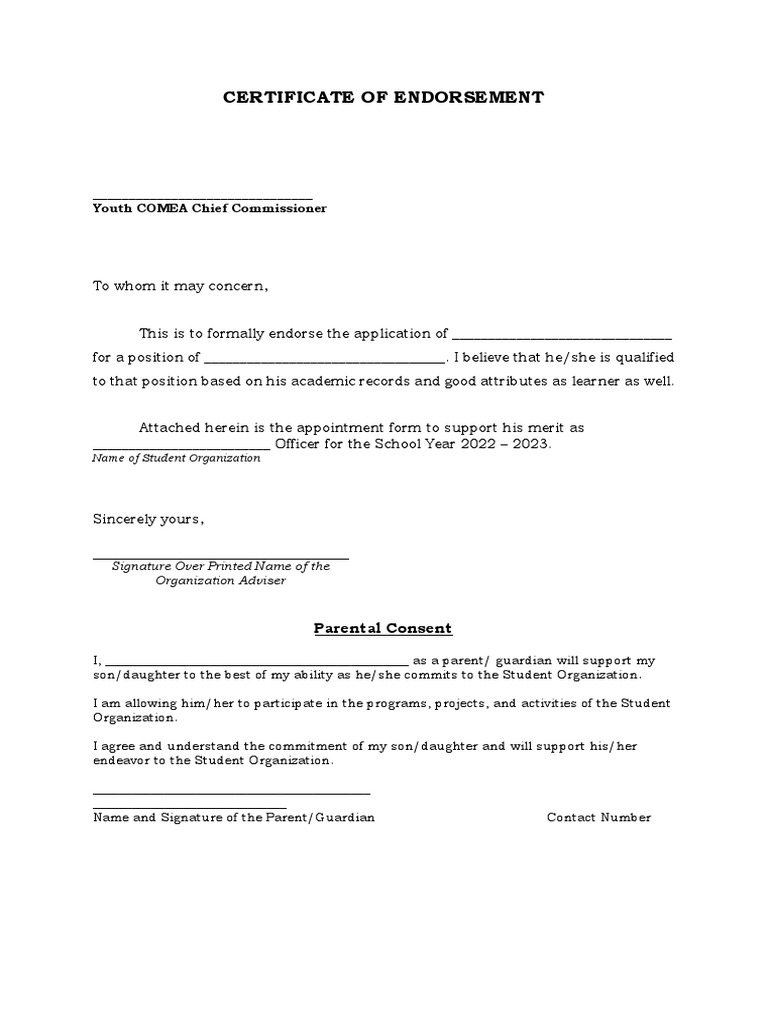 Certificate of Endorsement Template | PDF
