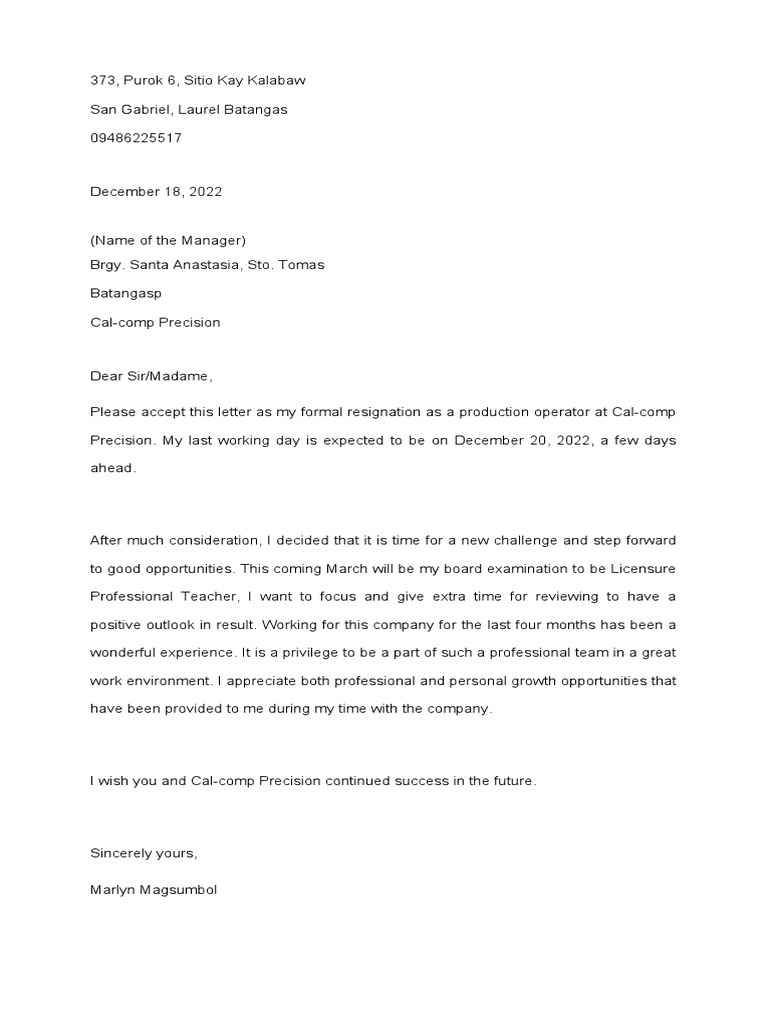 Resignation Letter for Production Operator | PDF | Cooking, Food & Wine