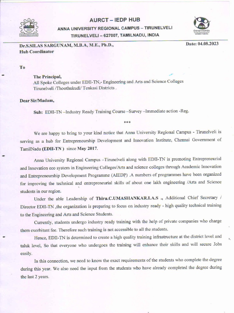 Letter To Principal EDII-TN Survey | PDF