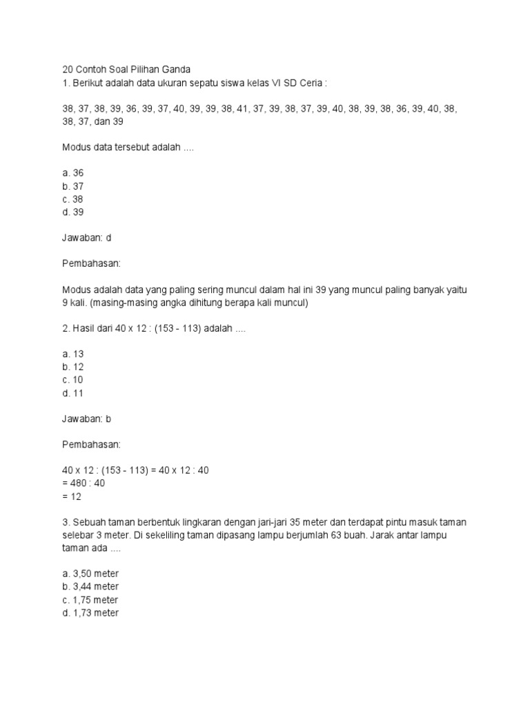20 Contoh Soal Pilihan Ganda | PDF | Griya & Taman