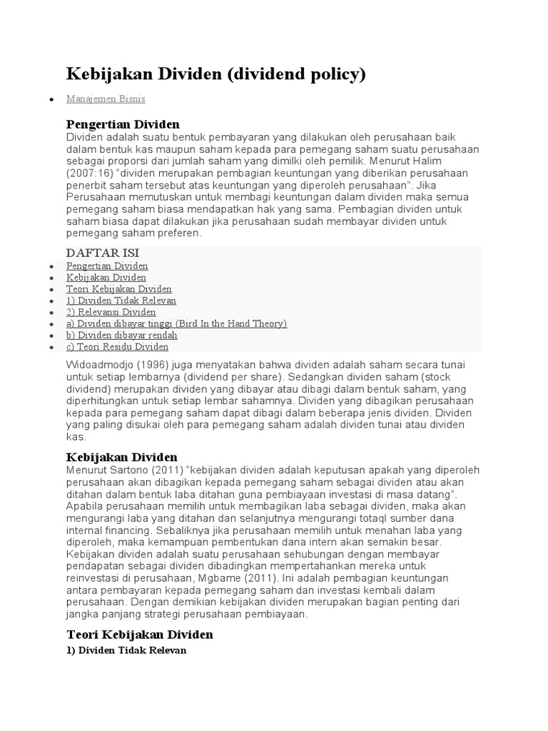 Kebijakan dan Teori Dividen Perusahaan | PDF