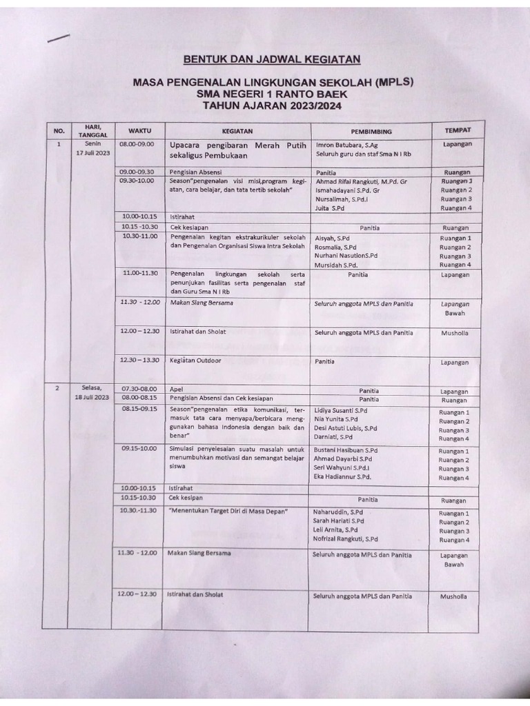 Jadwal Kegiatan Mpls 2023-2024 | PDF
