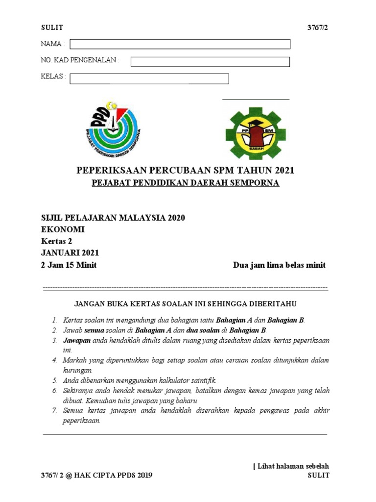 Ekonomi Percubaan SPM (K2) 2019 | PDF