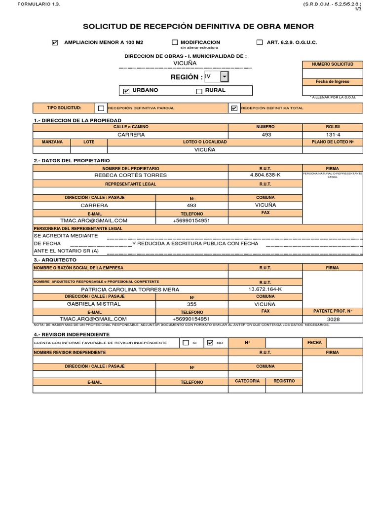 1.3 Solicitud Recepcion Definitiva Obra Menor REBECA CORTÉS | PDF