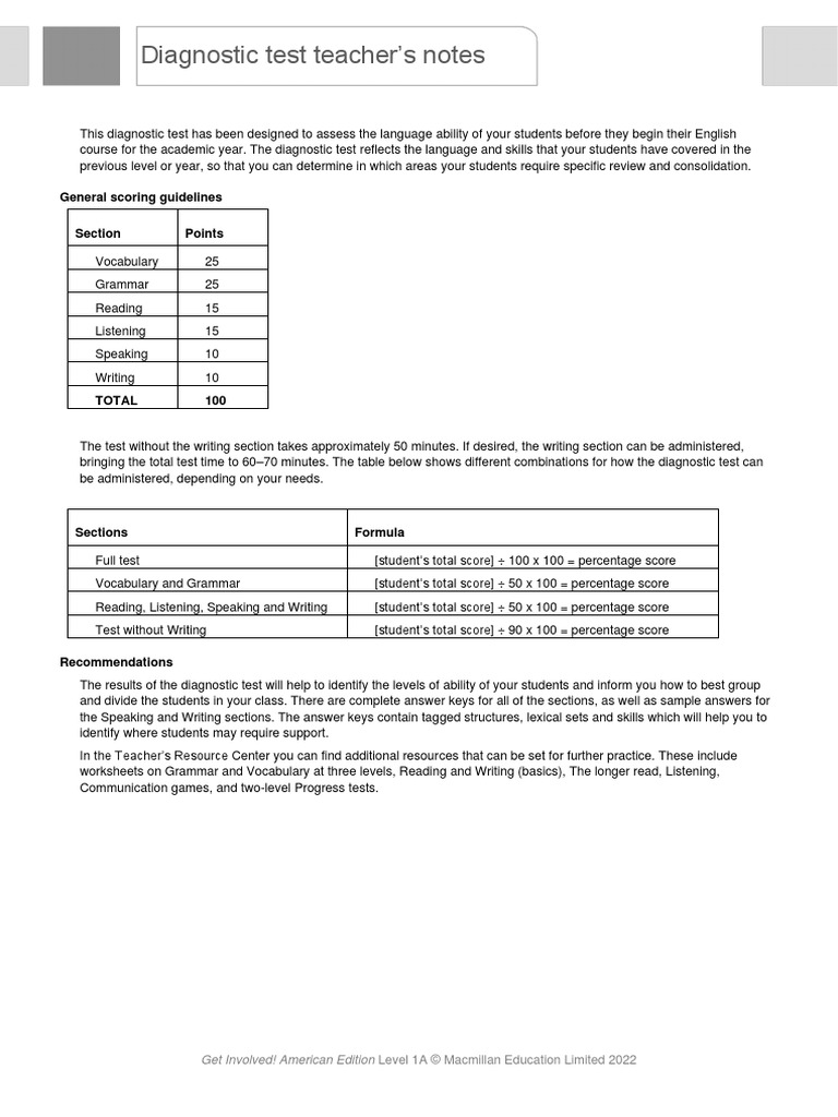 GIAE L1A Diagnostic Test Teacher S Notes | PDF | Noun | Syntax