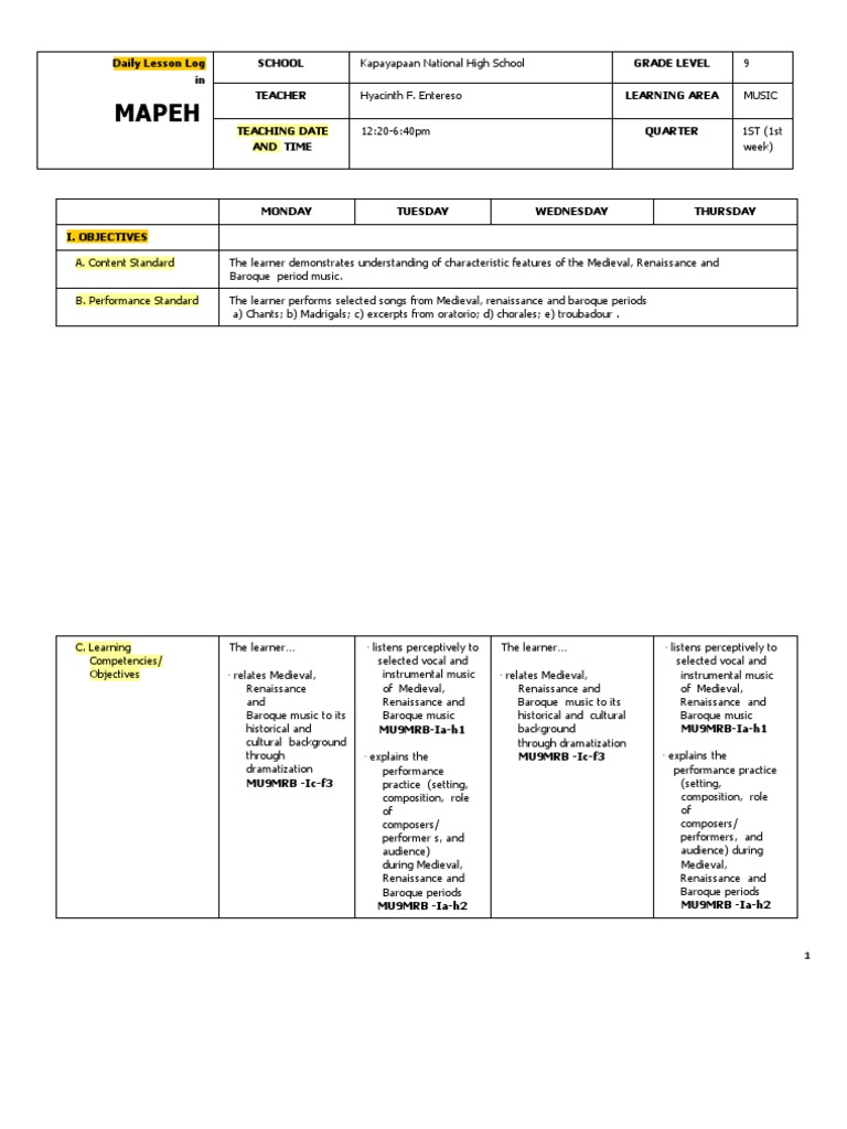 Q1 Grade 9 Music DLL Week 1 | PDF