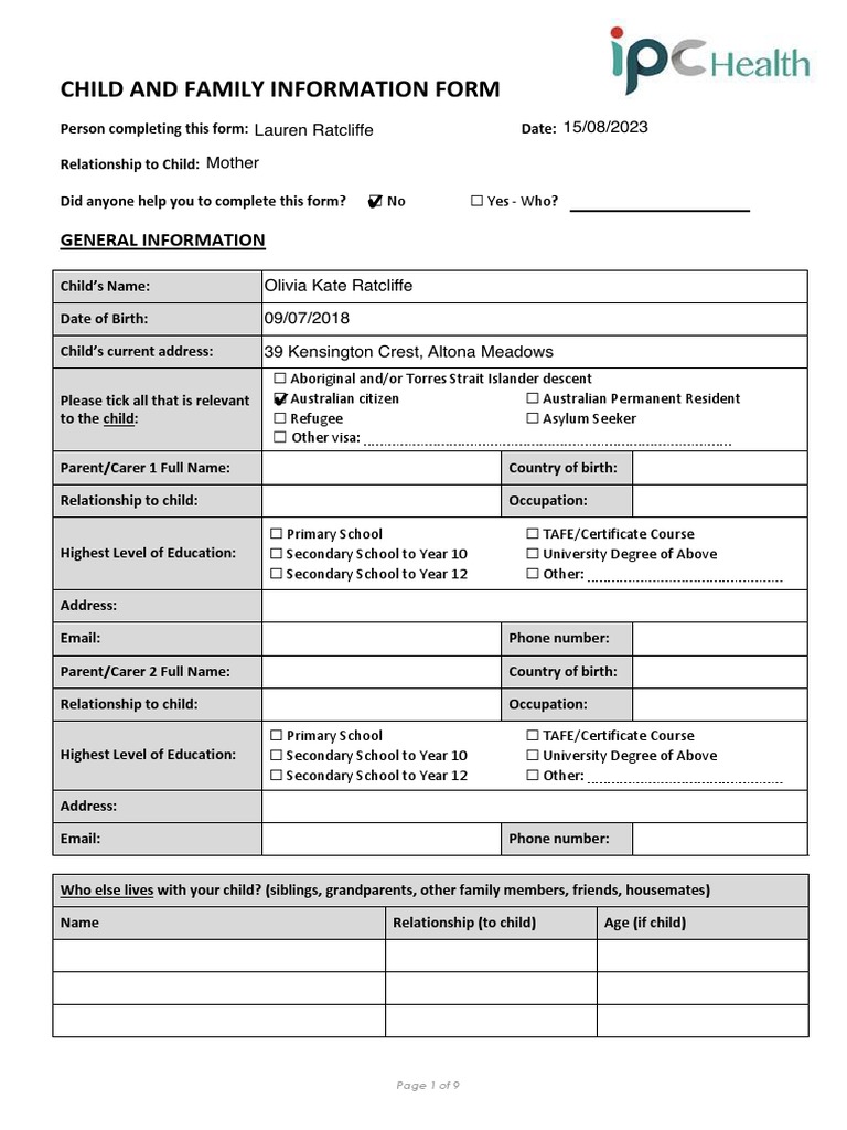 Child and Family Information Form 2022 | PDF