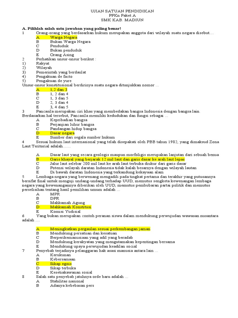 SOAL USP PPKN Paket A | PDF