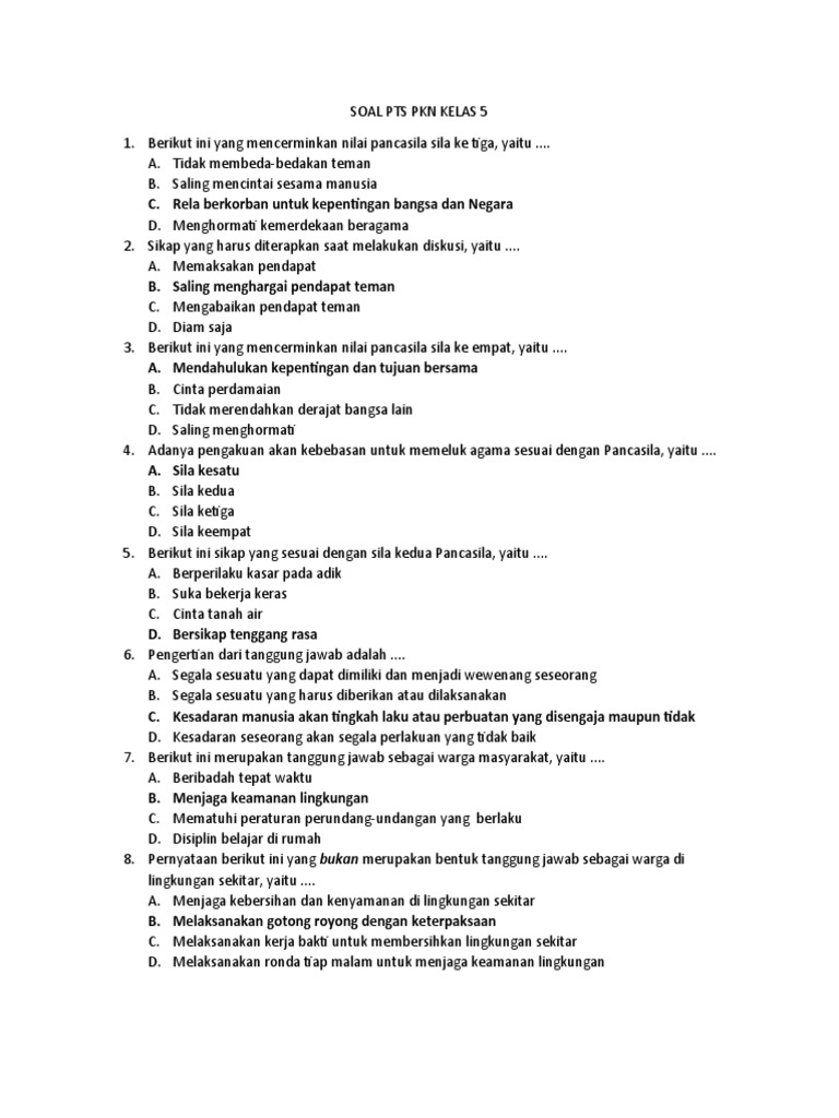 Soal PTS PKN Kelas 5 | PDF