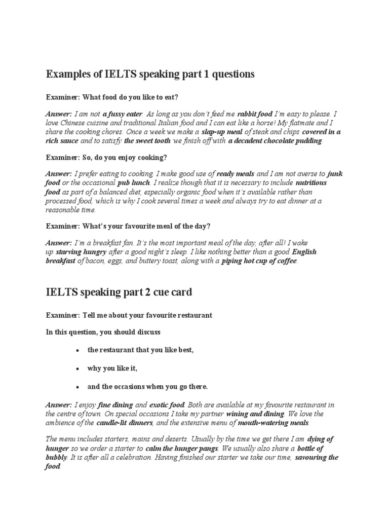 IELTS Speaking: Food and Cooking Insights | PDF | Meal | Foods