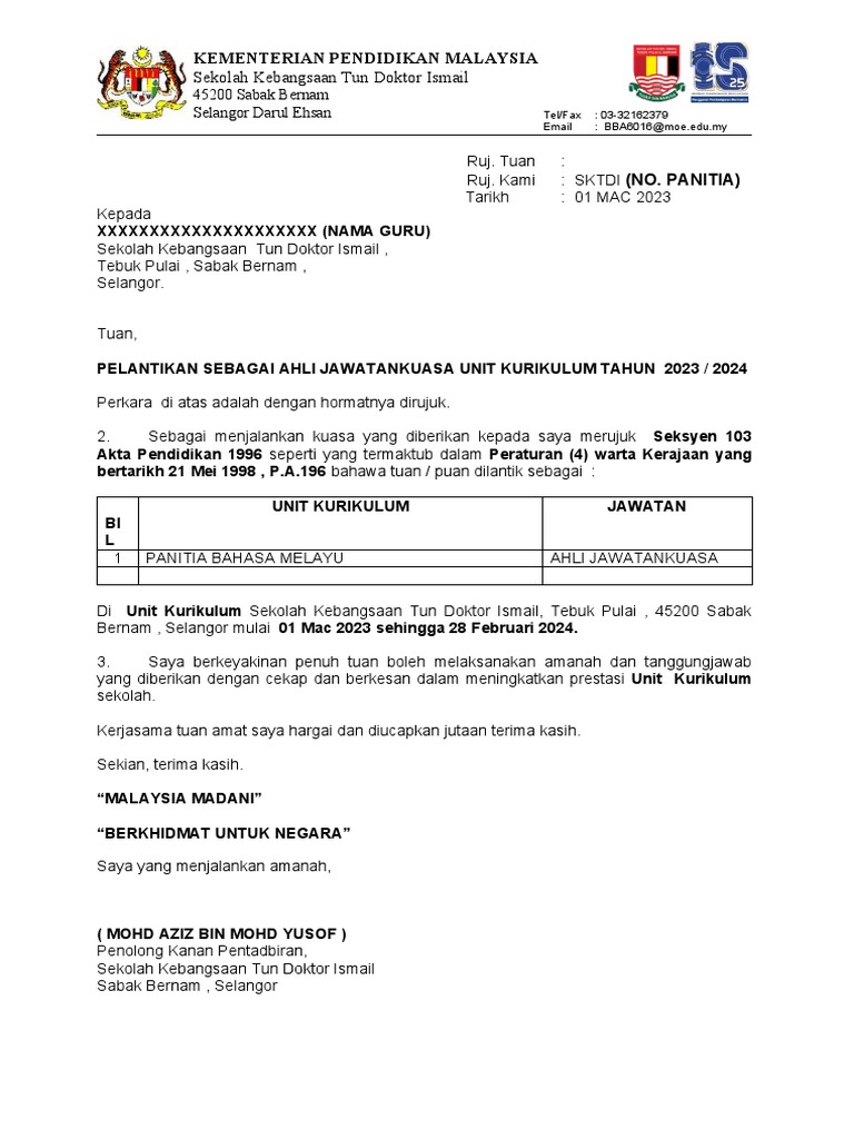 Surat Lantikan Ajk Panitia 2023 2024 | PDF