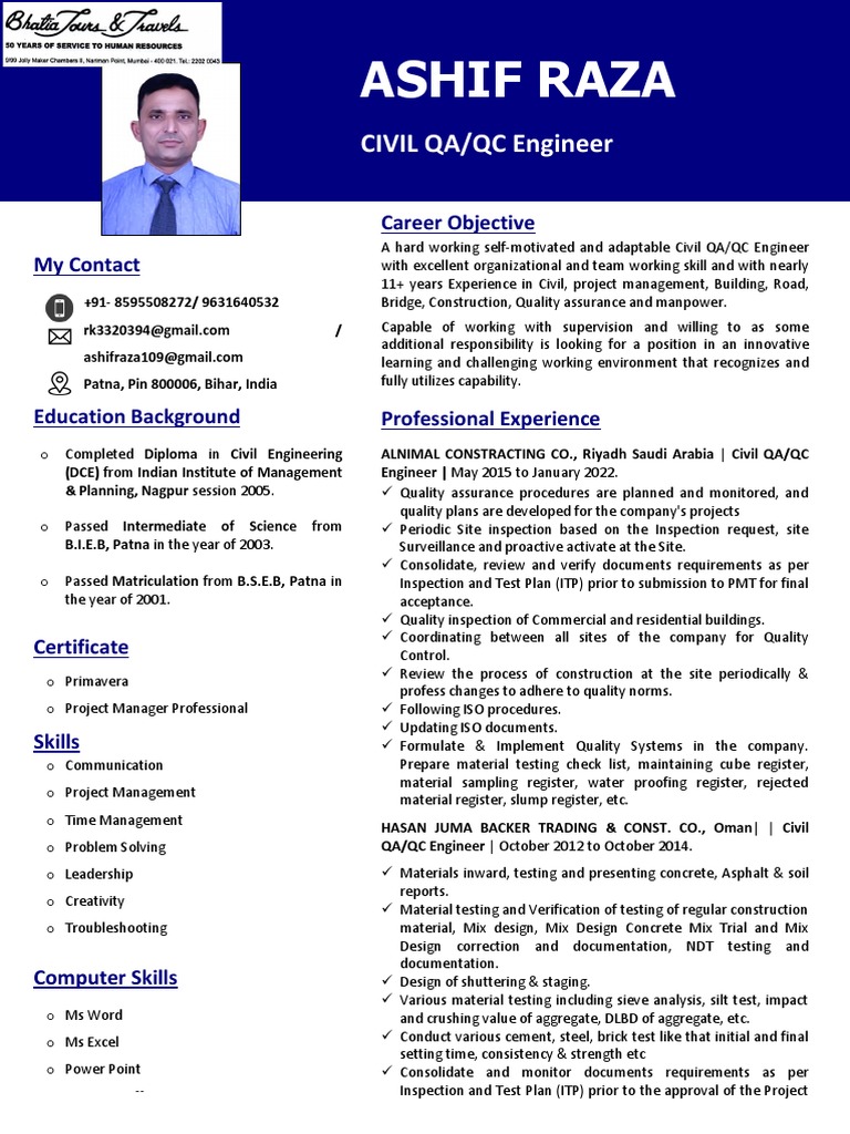 Ashif Raza - QA QC Engineer Civil | PDF