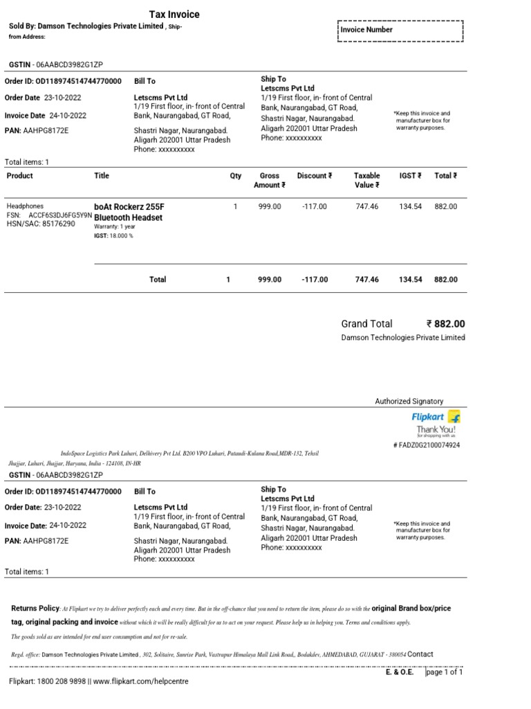 Tax Invoice for boAt Headphones | PDF | Government Finances | Payments