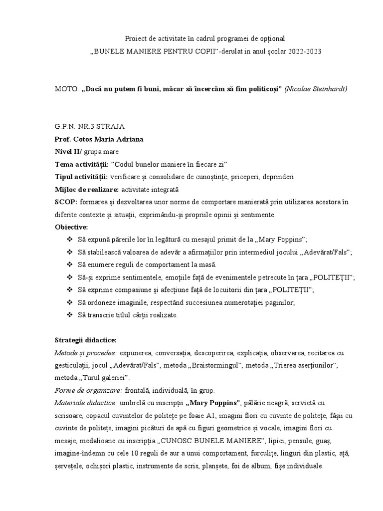 Cunosc Bunele Maniere Proiect | PDF