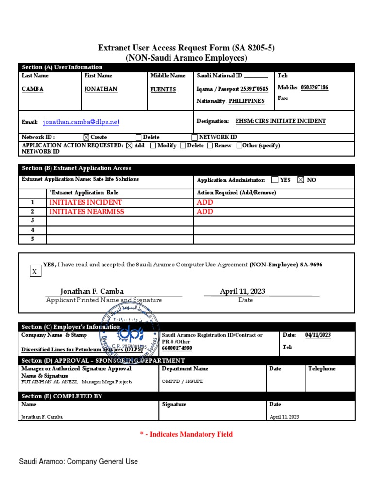 Extranet User Access Request Form (SA 8205-5) - Jonathan | PDF | Computing | Telecommunications