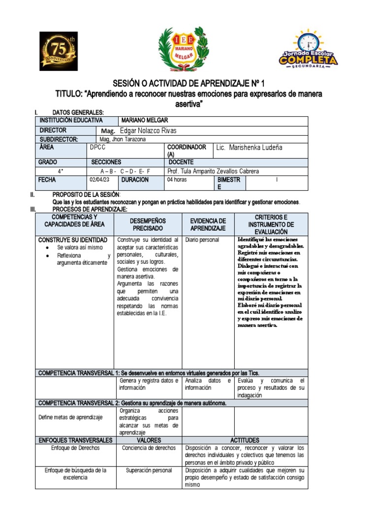Sesion de Gestion de Emociones Nro 1 4to DPCC 2023 | PDF | Aprendizaje | Las emociones