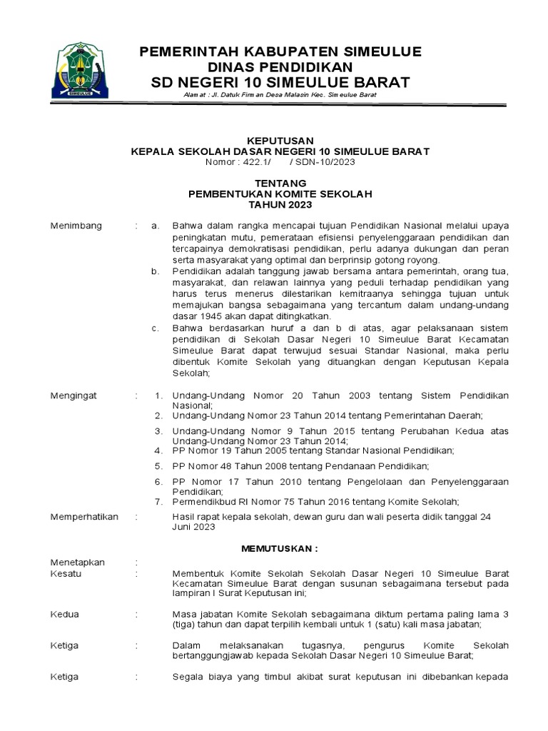 Contoh Sk Komite Sekolah 2023 Sdn1o Pdf