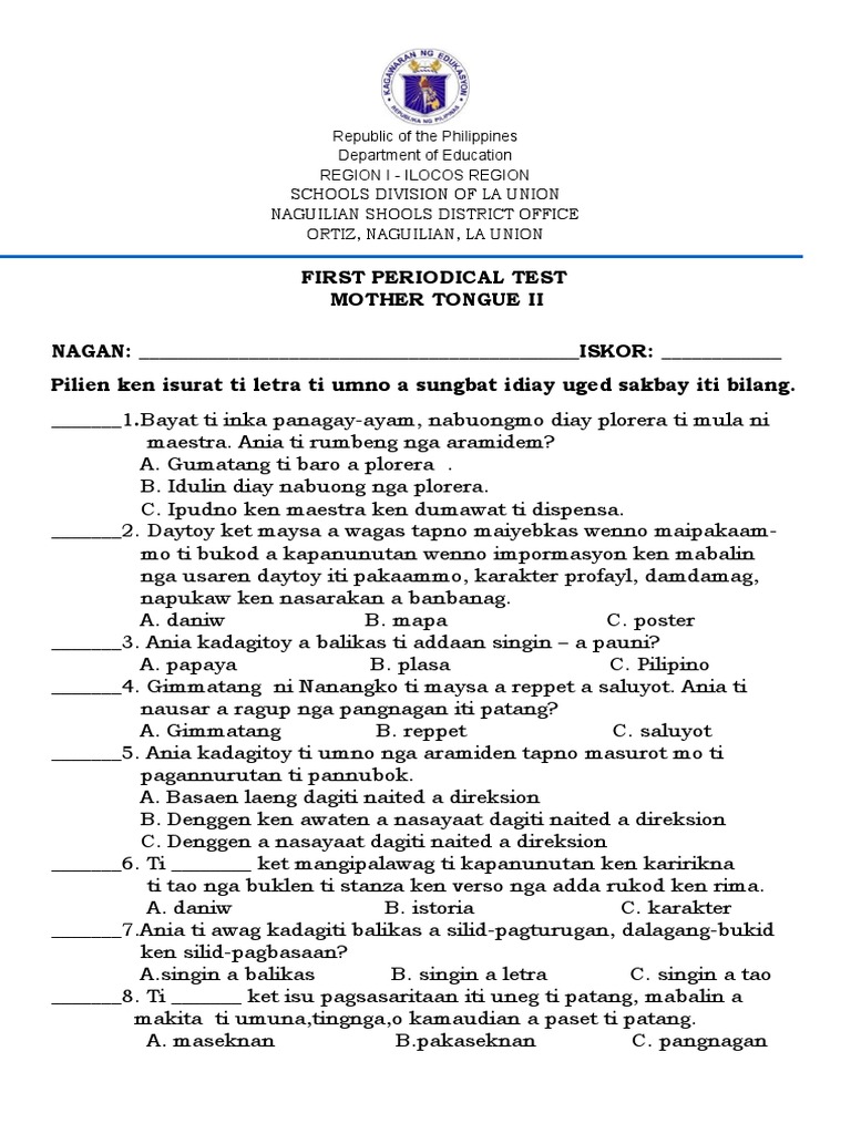 Mother Tongue II 1st Q Examination | PDF
