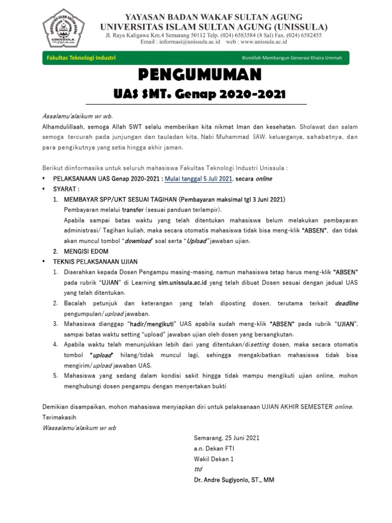 PENGUMUMAN UAS Genap 2020 2021 Utk Mahasiswa | PDF