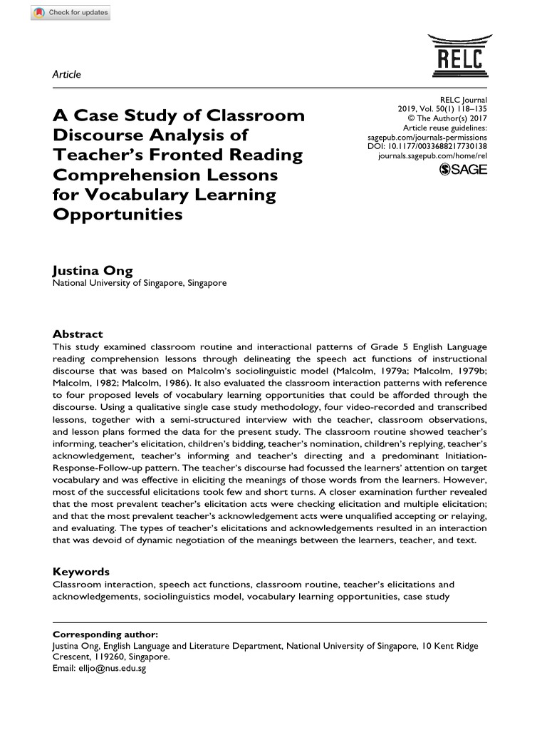 A Case Study of Classroom Discourse Analysis of Teacher's Fronted Reading Comprehension Lessons ...