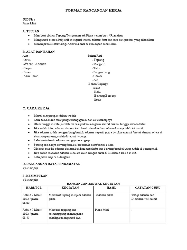 Format Rancangan Kerja Pizza Mini | PDF