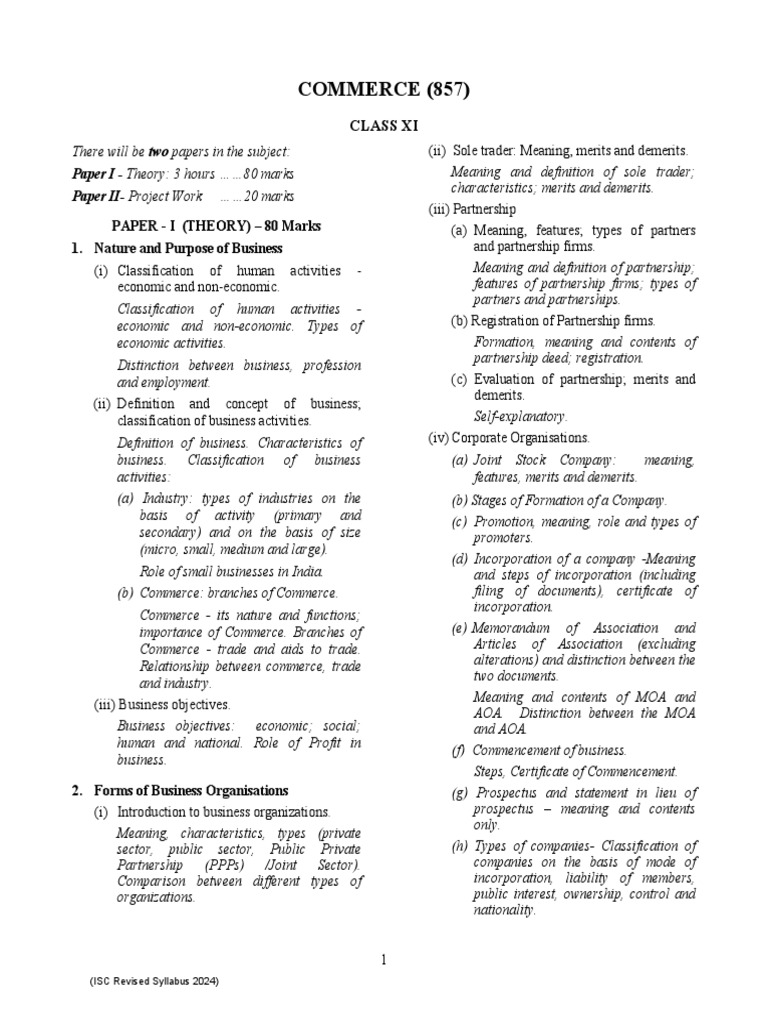 Isc Commerce Xi Revised Pdf 
