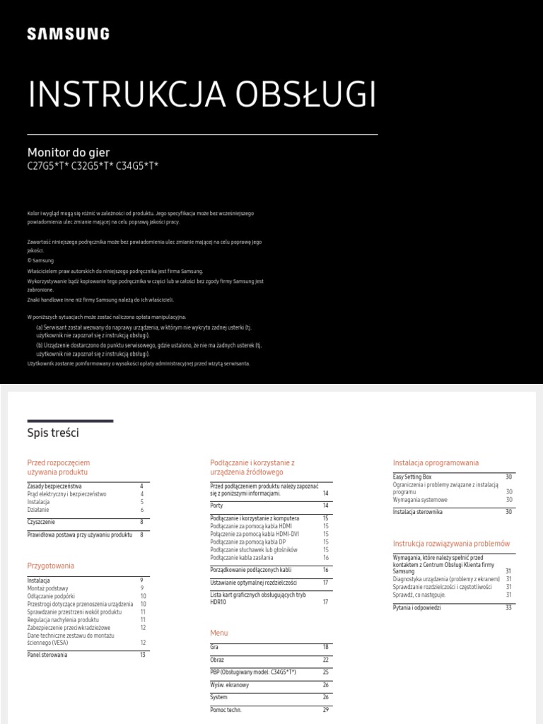 Instrukcja Obslugi Monitor SAMSUNG Odyssey G5 | PDF