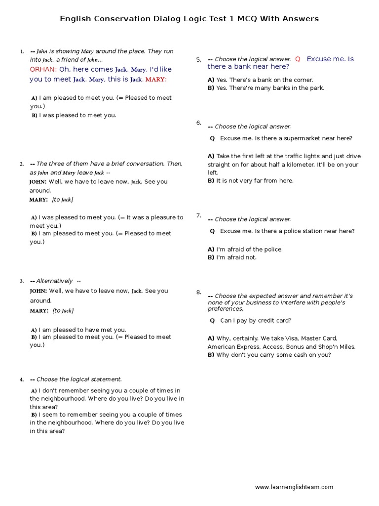 x1 English Conservation Dialog Logic Test 1 With Answers | PDF
